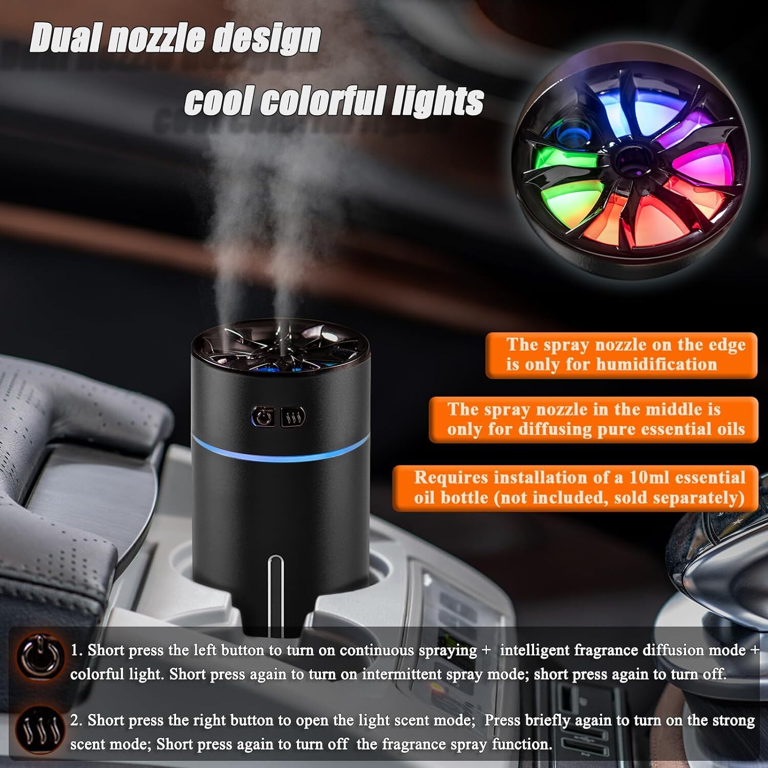 Car Waterless Diffuser for Essential Oils 300ml Dual Nozzle Battery ...