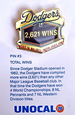 1992 Unocal 76 #3 PIN Los Angeles Dodgers Total Wins 1962-1991 MLB New ...