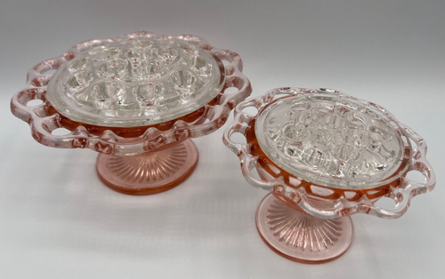 2 Vintage PINK Glass Lace Edge Pedestal Compote Vases w/ Clear Flower ...