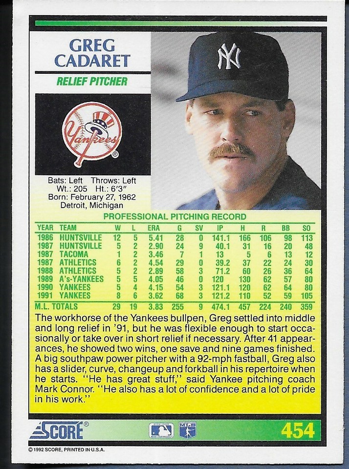1992 Score #454 Greg Cadaret Yankees | eBay