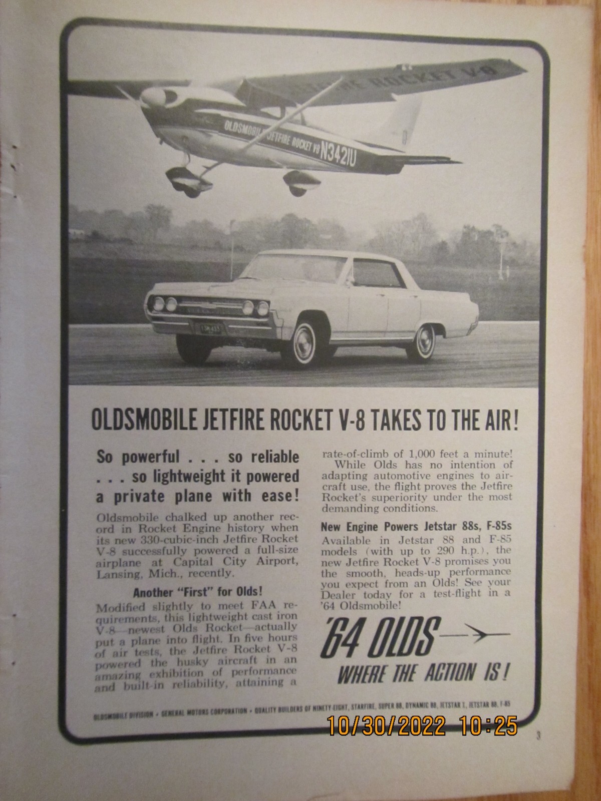 110 VINTAGE Jan 1964 Original 1964 Oldsmobile Jetfire Rocket V8 ...