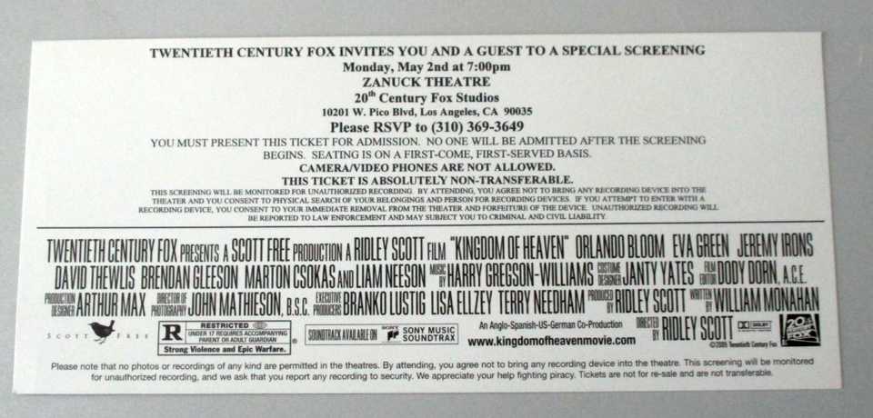 KINGDOM OF HEAVEN movie Special Screening Invitation RIDLEY SCOTT ...