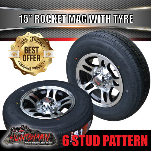 15" 6 Stud Rocket Caravan Boat Trailer Alloy Mag Wheel Rim & 195R15C ...