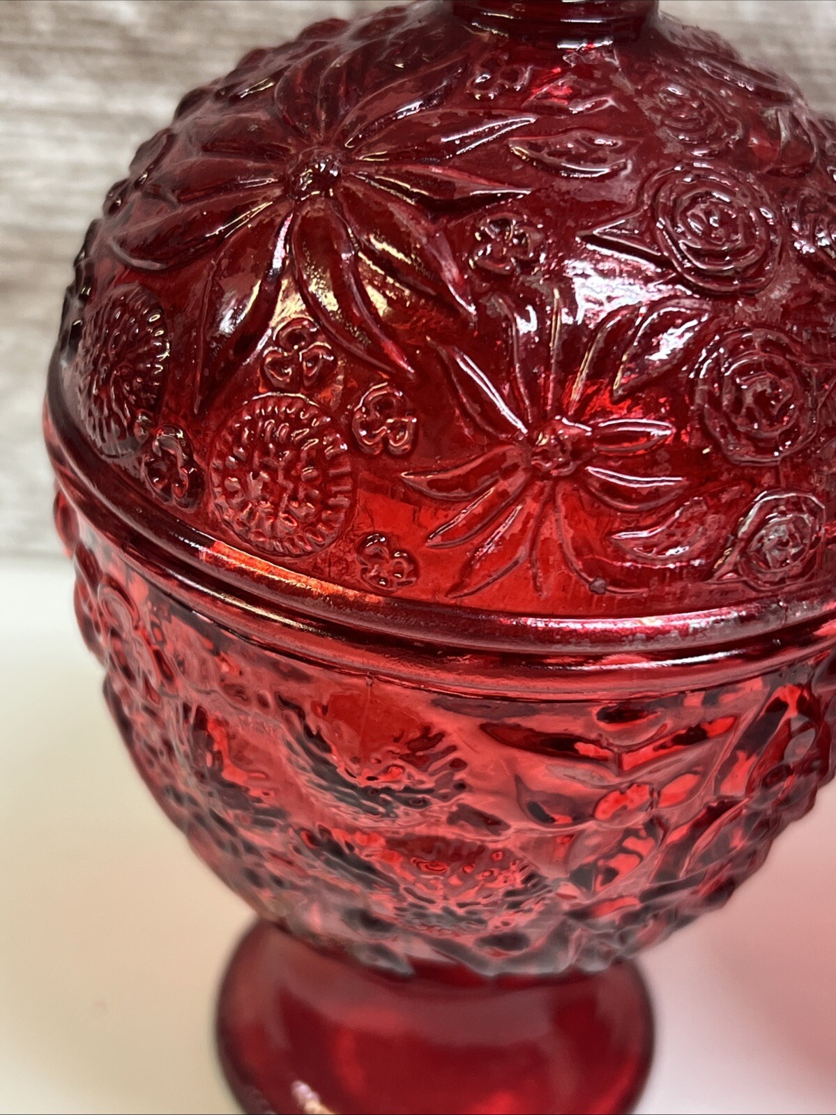 2 Avon Ruby Red Embossed Floral Trinket Dish Compote Lidded 5” *Read ...