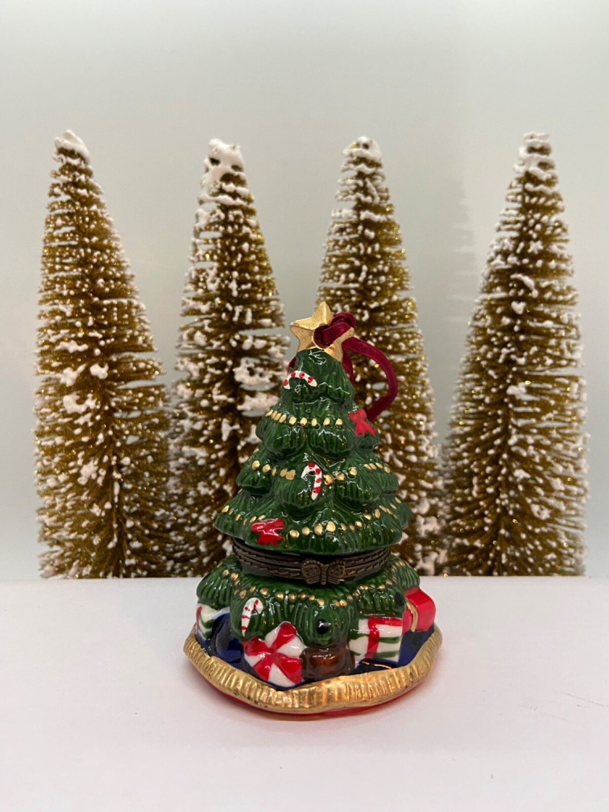 Trinket Box Christmas Tree Porcelain Hinged 3” Base With Presents, Gold ...