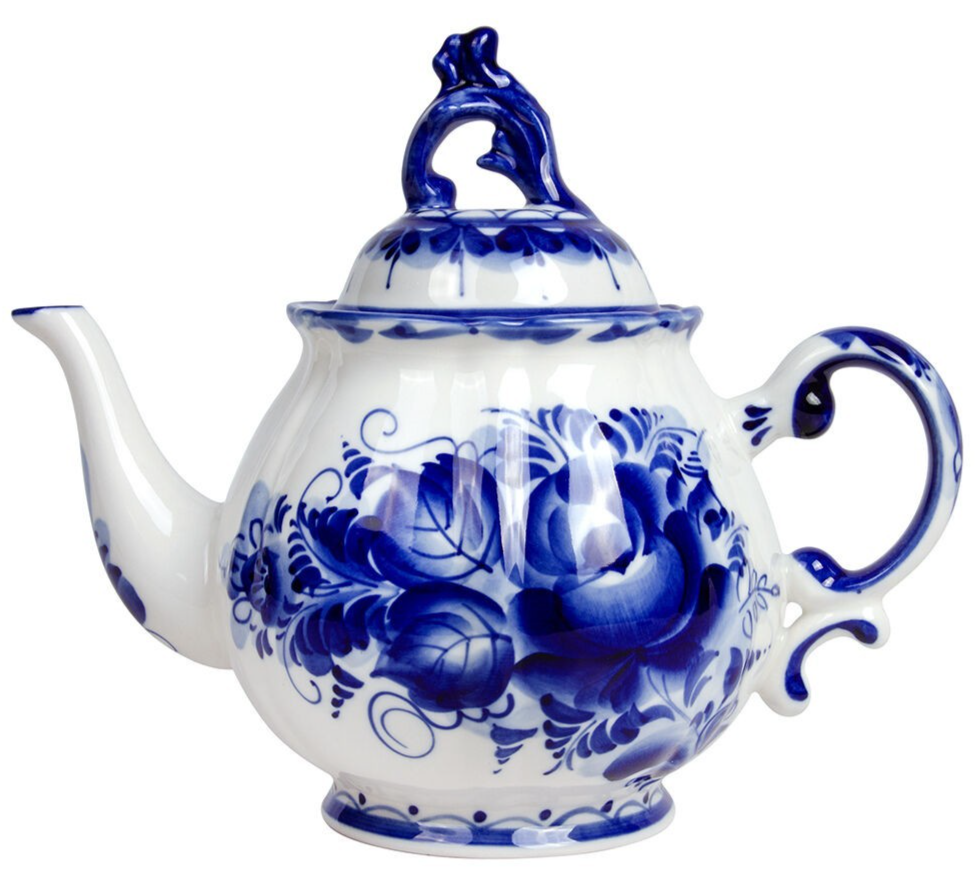 1.1 qt Gzhel Porcelain Teapot Blue and White Tea Pot Fine China Russian ...