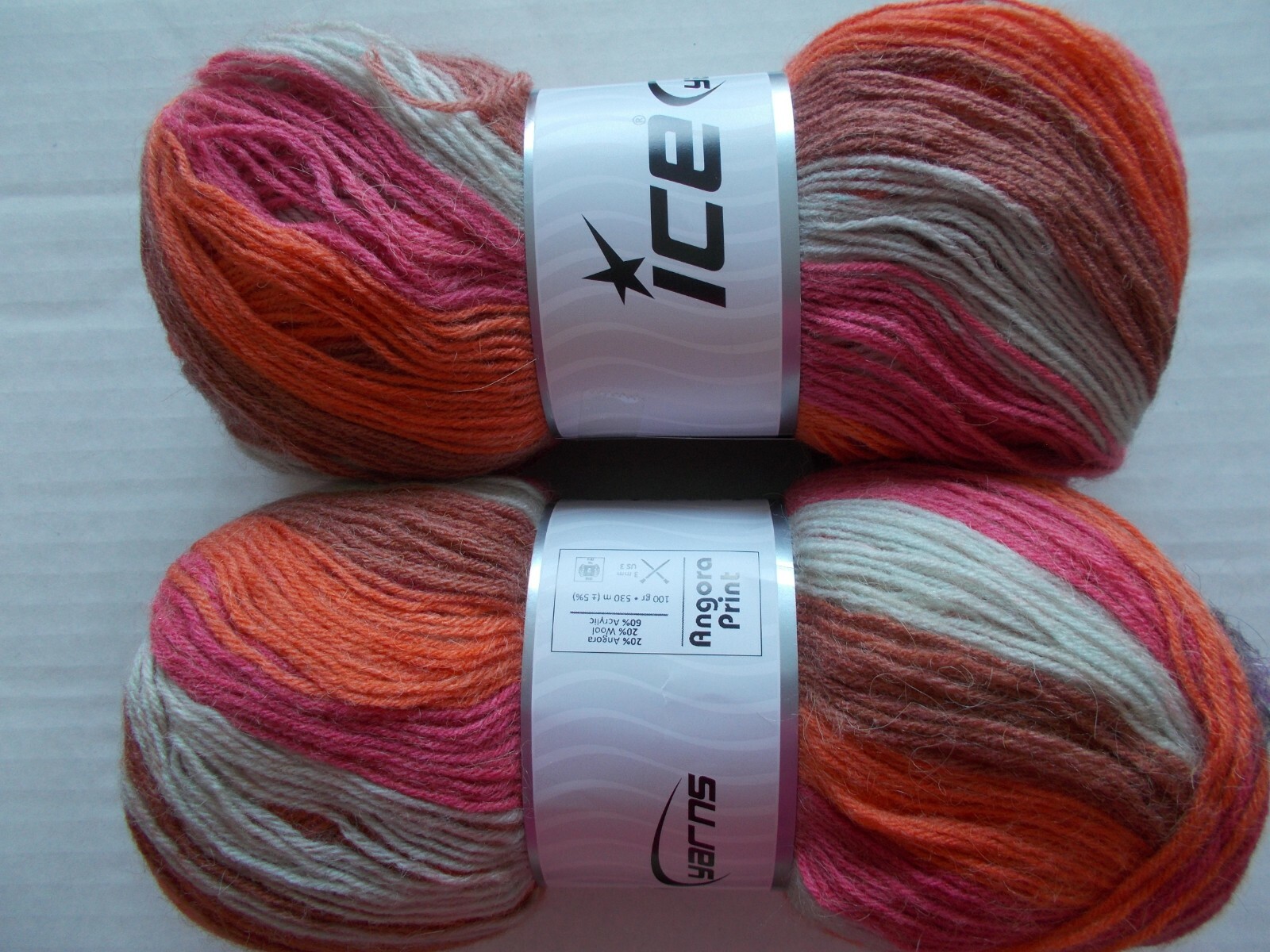 Ice Yarns Angora Print yarn, pink/orange/tan/brown, lot of 2, (582 yds ...