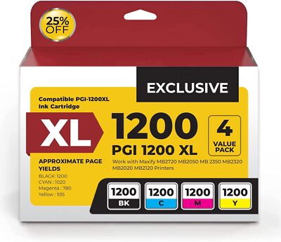 4-Pack PGI-1200XL 1200 Ink For Canon 1200XL MAXIFY MB2020 MB2120 MB2320 ...