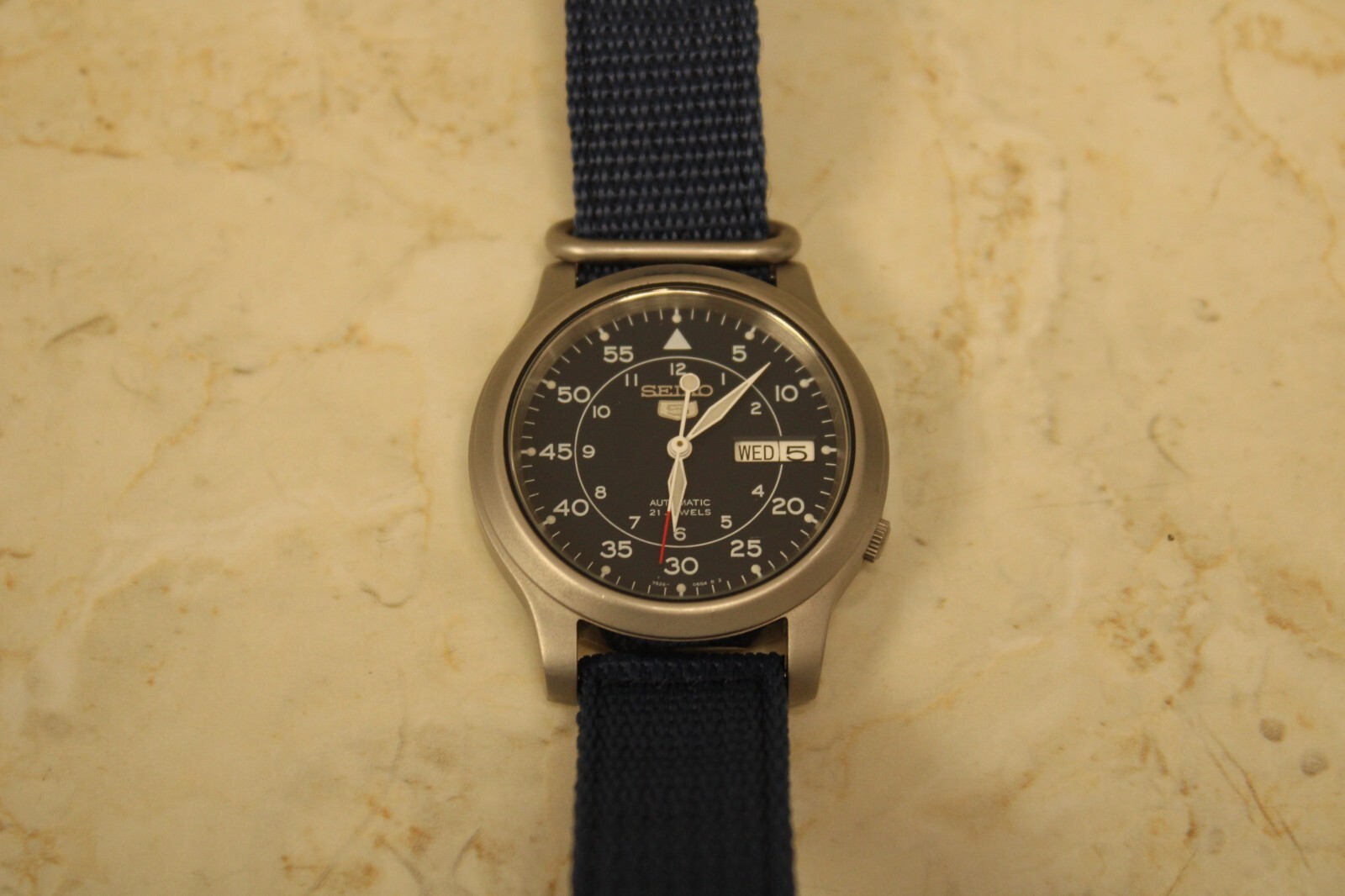 Seiko 5 Series Military Automatic Blue Dial Blue Canvas Strap Watch ...