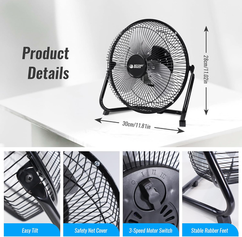 Floor Fan 9 Inch, 3-Speed Portable Metal Fan with Adjustable Tilt ...