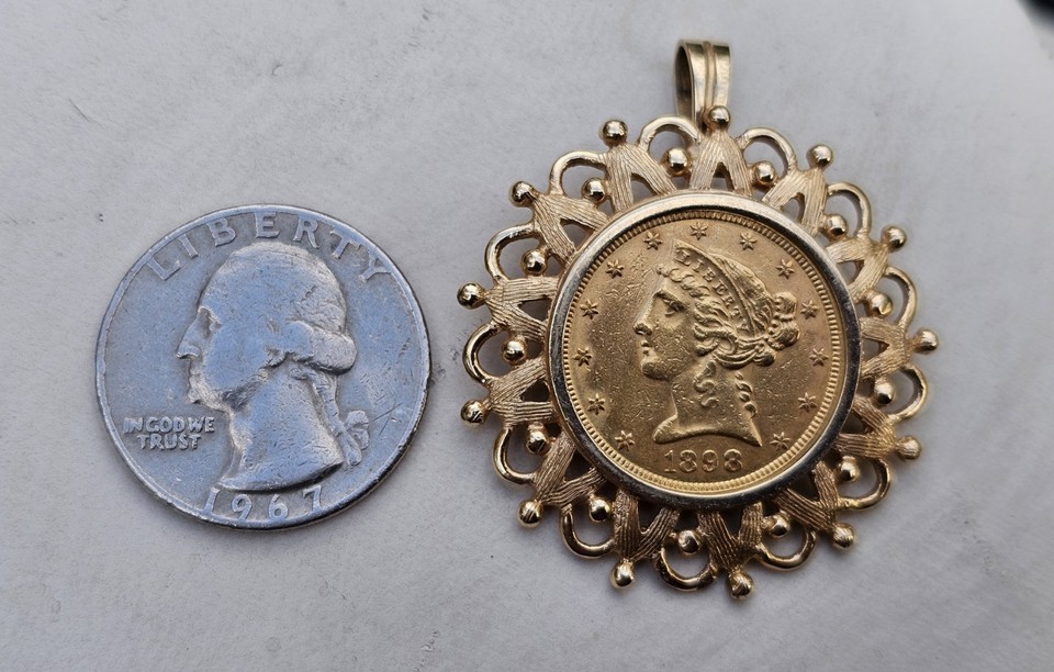1898 S $5 Liberty Head Gold Half Eagle Coin & 14kt Bezel fancy Pendant ...