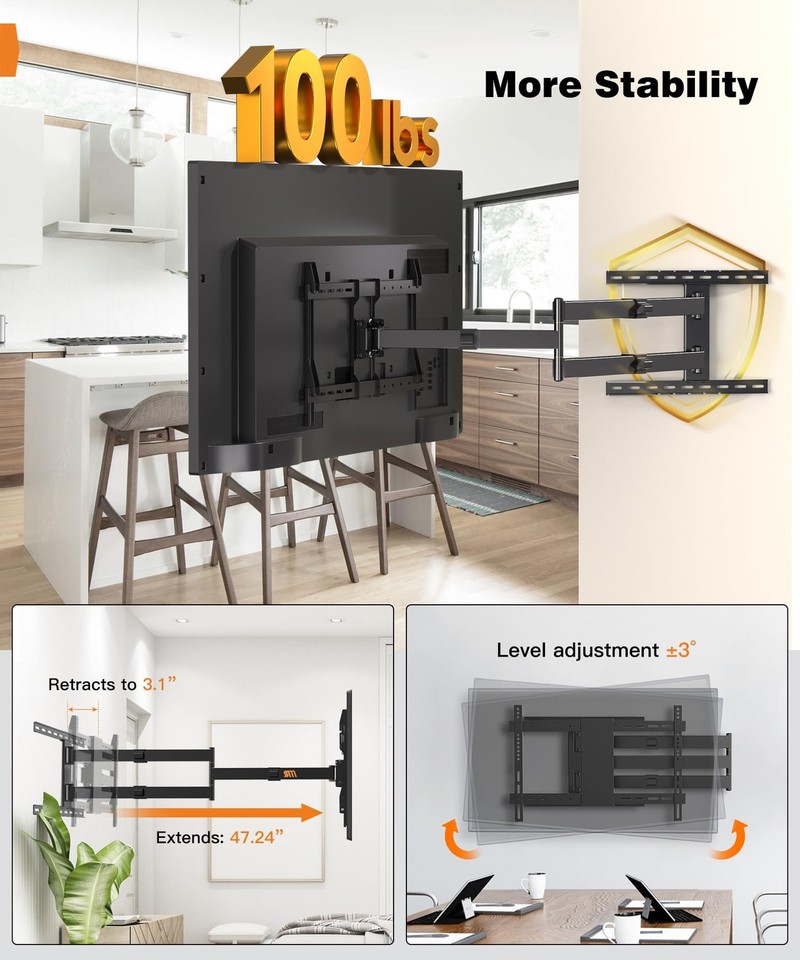 47” Extra Long Arm TV Wall Mount for 37-80 Inch TV, Full Motion Corner ...