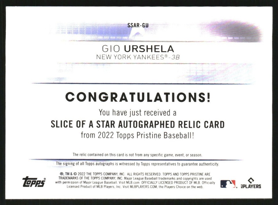 2022 Topps Pristine Slice of a Star Autograph Relics #SSARGU Gio Urshela | eBay