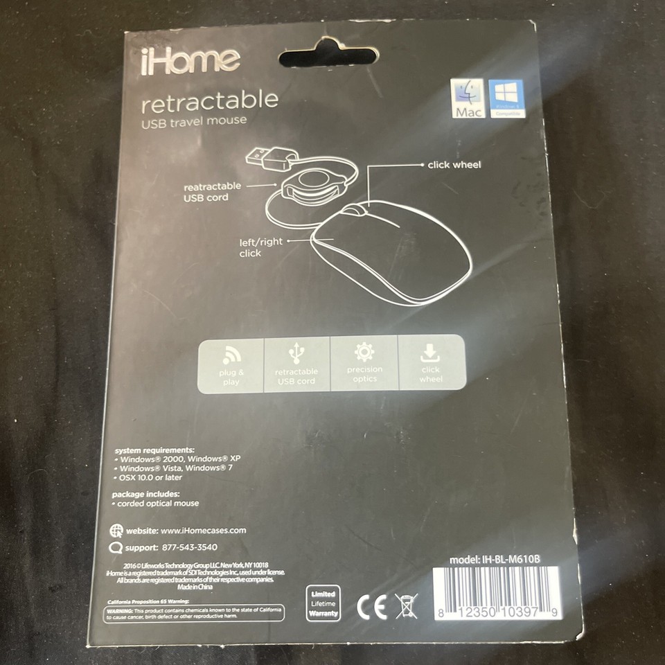 iHome Optical Travel Mouse with Retractable USB Cable New in package | eBay