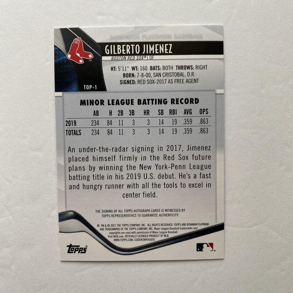 Gilberto Jimenez AUTO 2021 Bowman Platinum Top Prospect #TOP-1 RED SOX ...