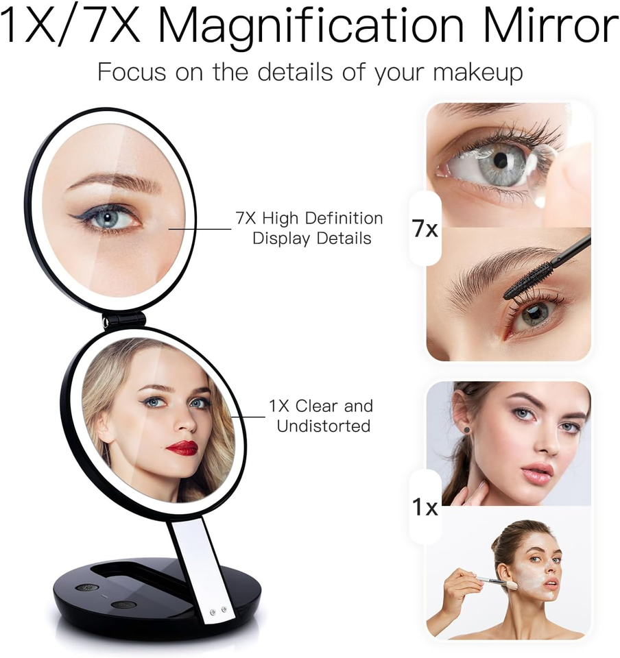 Travel Makeup Mirror with Lights, 1X/7X Compact Rechargeable Vanity ...