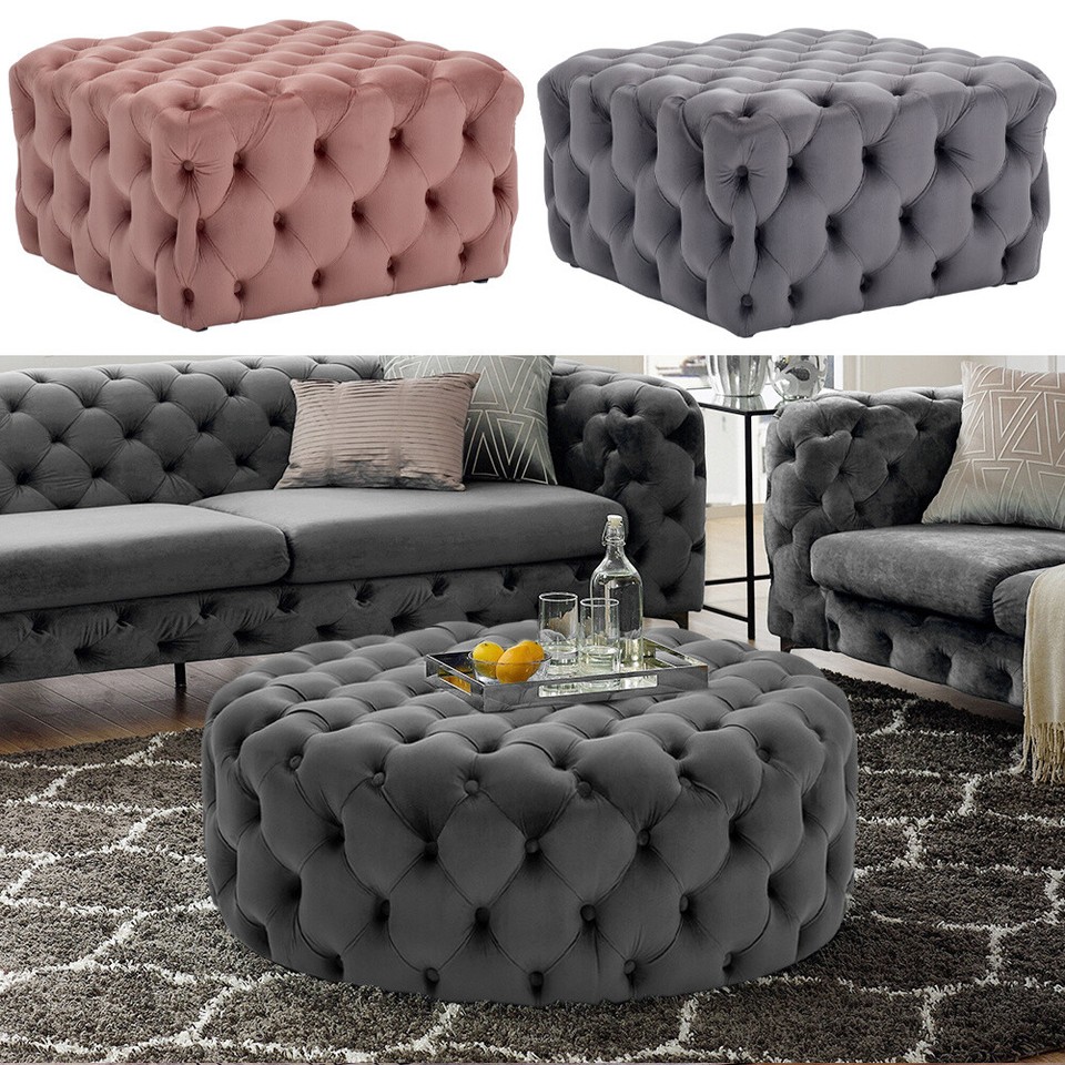 Extra Large Chesterfield Tufted Velvet Square Round Footstool Pouffe ...