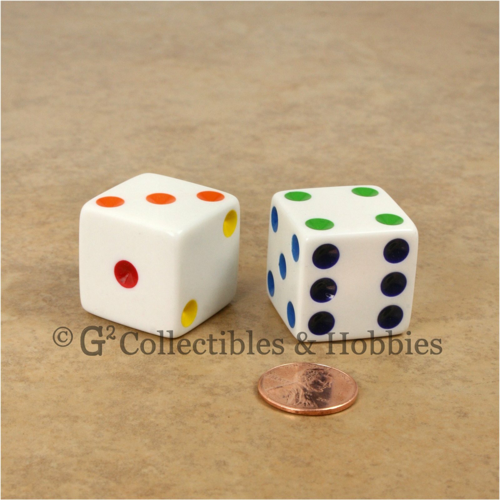 NEW 2 Jumbo 25mm White w/ Multi-Color Pips Dice Pair RPG Board Game 1 ...