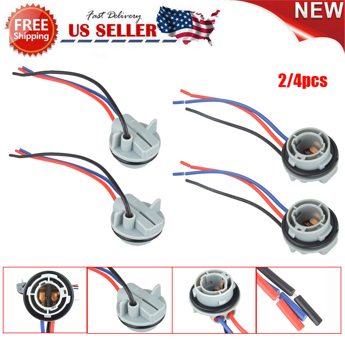 2/4pc 1157 2357 LED Stop Brake Turn Light Bulb Socket Harness Wire Pig ...