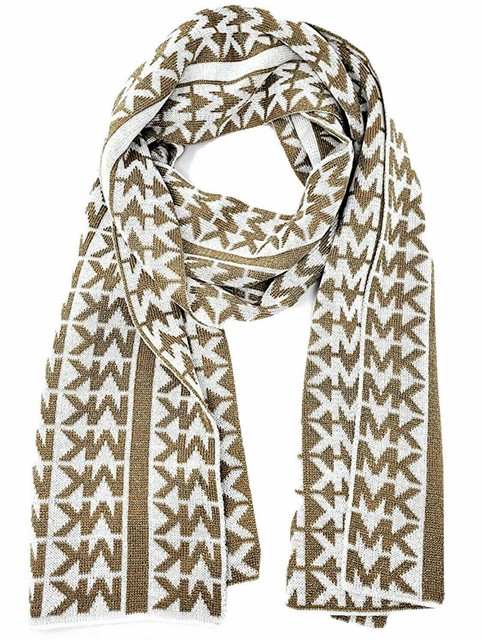 Michael Kors Women's Knit Scarf MK Signature Logo Ivory Gold Shimmer ...