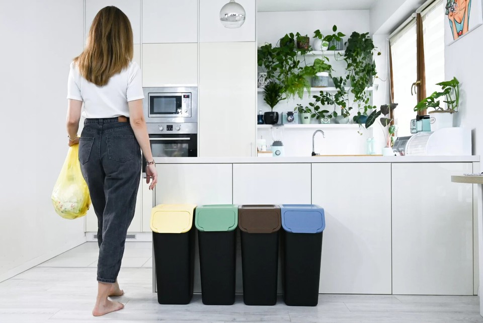 3x 35L Sorting Waste Bin Set Recycling Segregation Stackable Filter ...