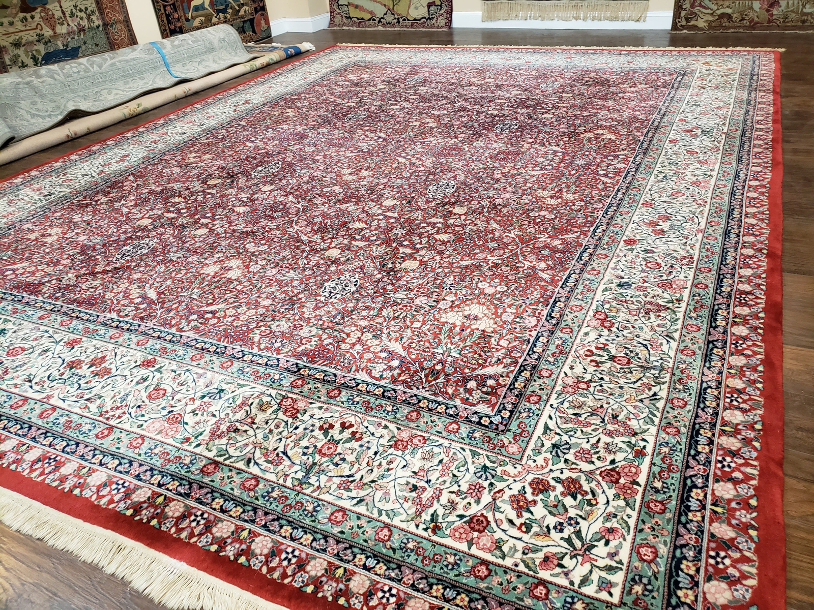 Oversized Wool Oriental Rug 11x15 Wool Carpet Red Ivory Millefleur ...