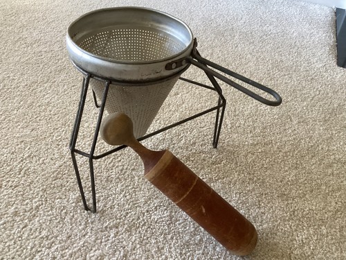 3 pc Vintage Sieve Berry Tomato Strainer Colander Wooden Pestle Masher ...