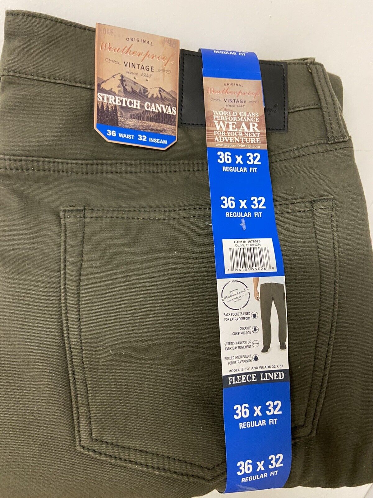 36x32 Straight Fit Olive-Green Fleece-Lined Stretch Canvas Jeans ...