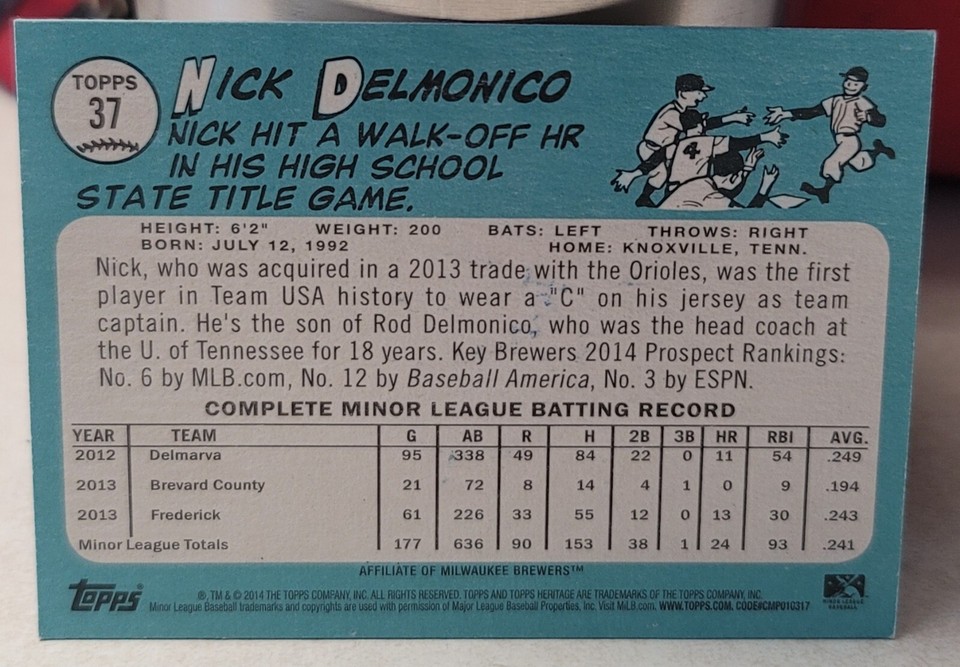 2014 Topps Heritage Minor League #37 Nick Delmonico Signed Auto ...