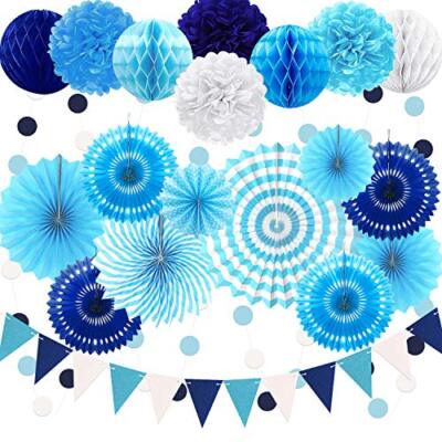 Navy Blue Party Decoration,23Pcs Hanging Paper Fans,Pom Poms Flowers ...