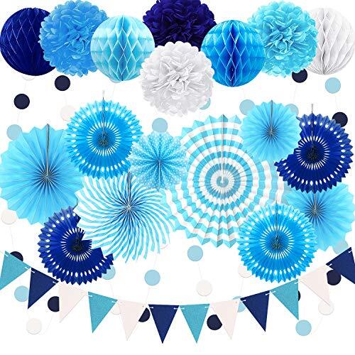 Navy Blue Party Decoration,23Pcs Hanging Paper Fans,Pom Poms Flowers ...