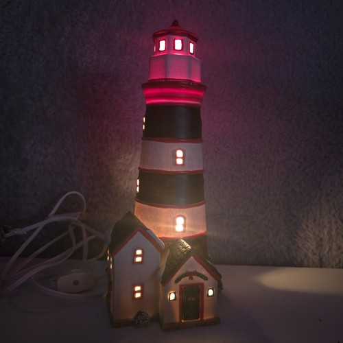 Lemax Lighthouse 1997 Holiday Village Red White Black Striped Light ...