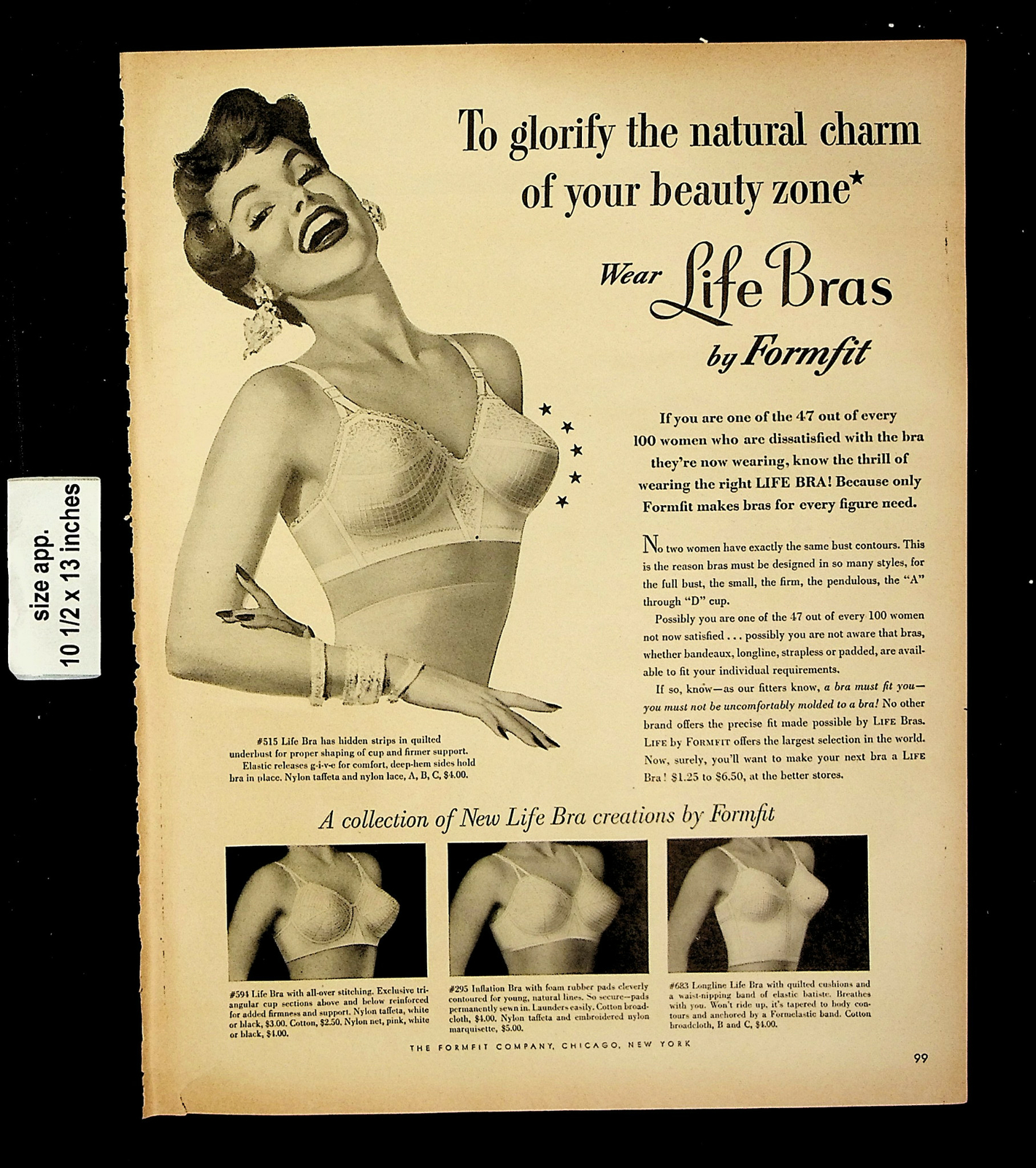 1954 Formfit New Life Bra Woman Beauty Underwear Vintage Print Ad 24707