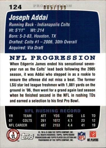 2008 Topps Rookie Progression - Gold #124 Joseph Addai /199 for sale ...