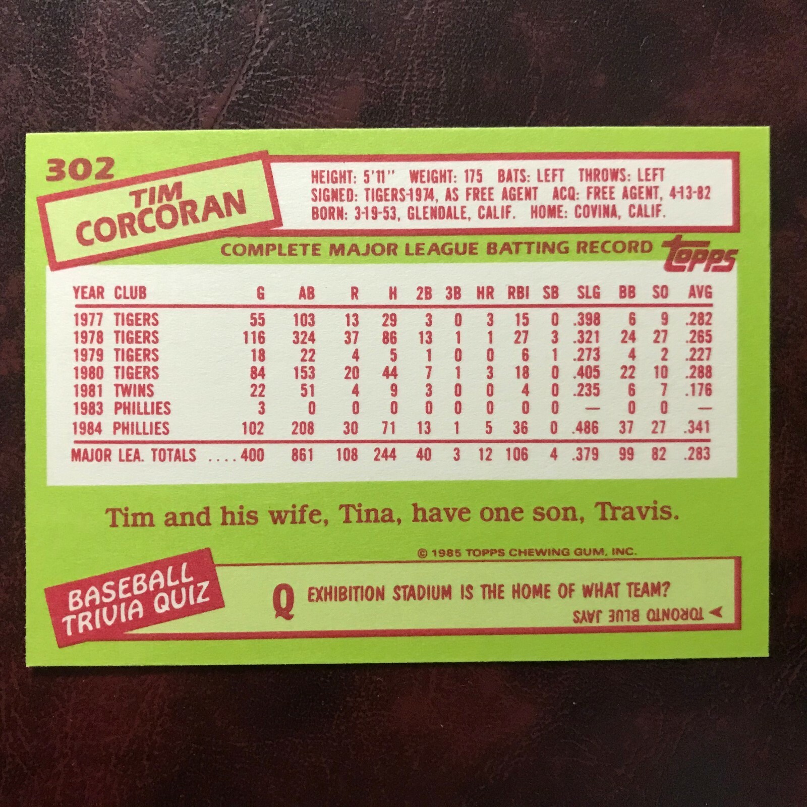 1985 Topps TIFFANY Set TIM CORCORAN #302 PHILLIES ** MINT ** HIGH GRADE ...