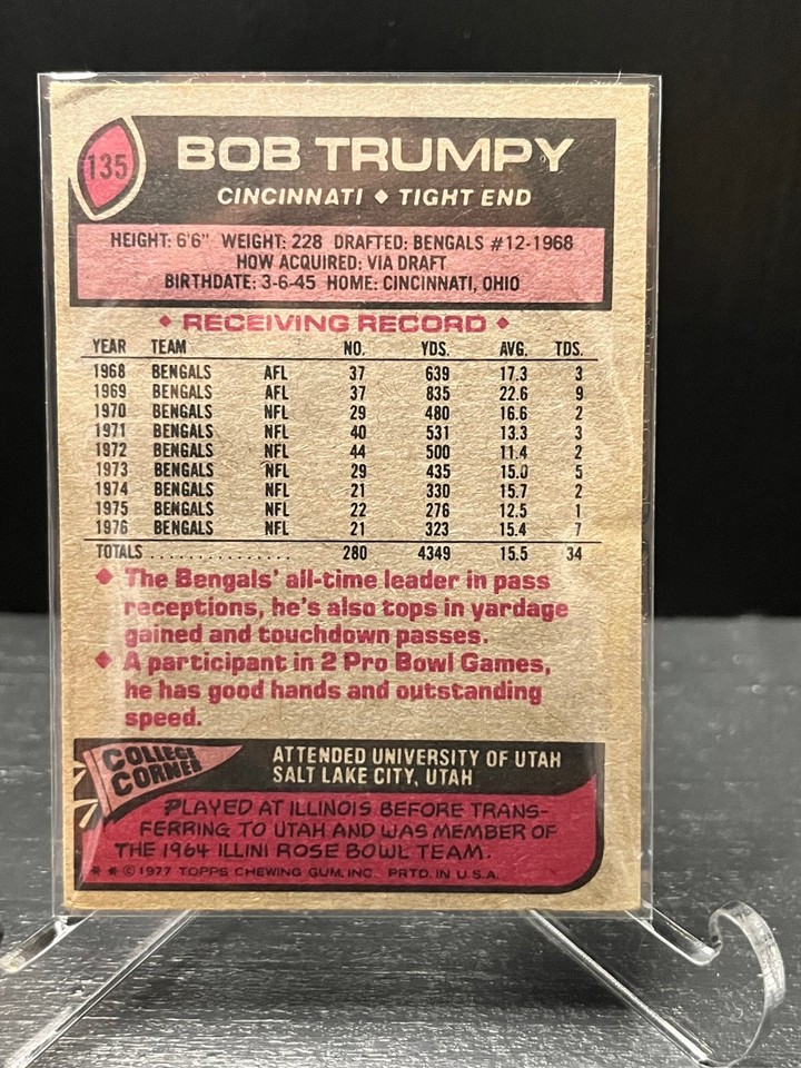 1977 Topps - Bob Trumpy #135 Cincinnati Bengals Raw Vintage Football ...
