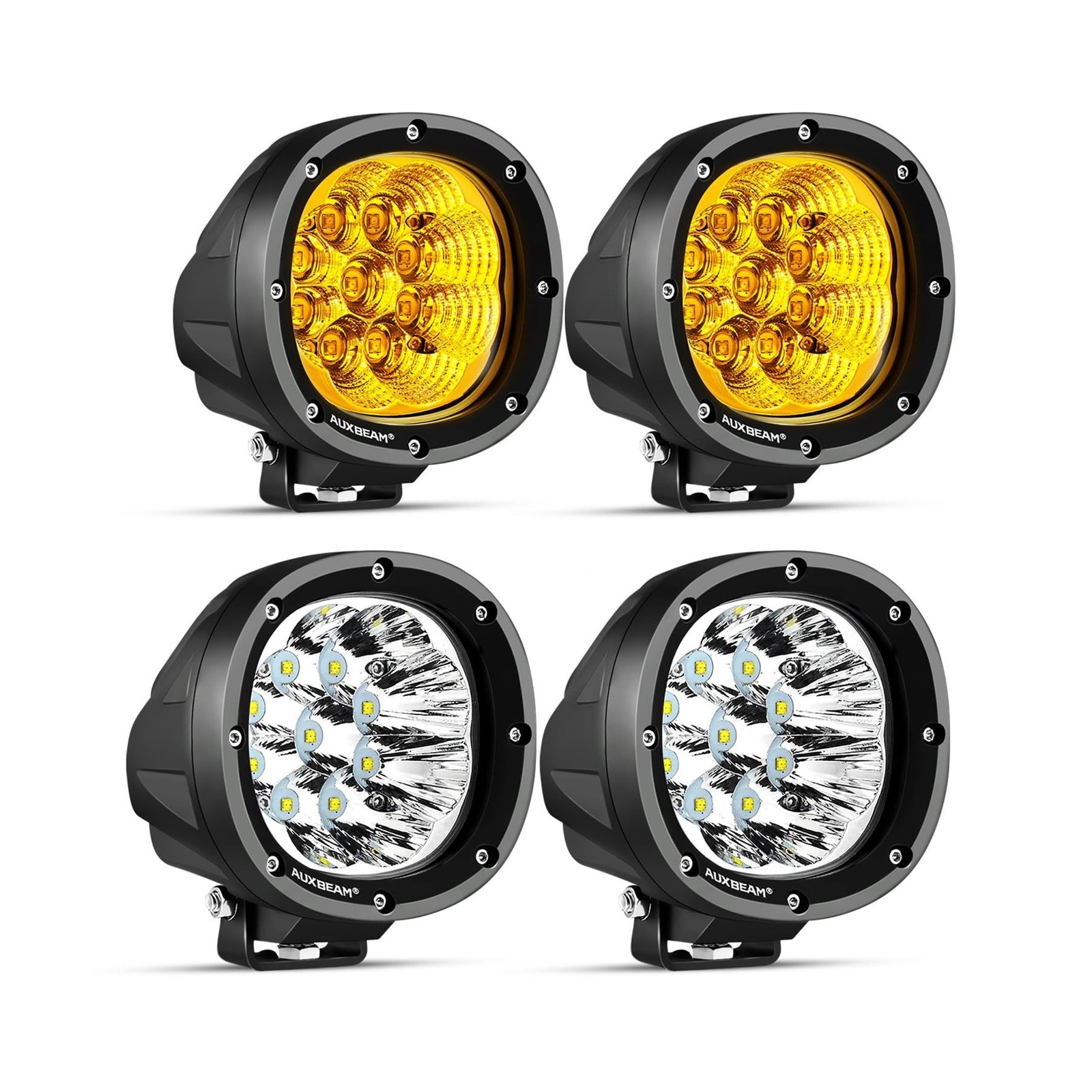 Auxbeam 4" 90W Spot & Flood Round LED Offroad Lights, 4PCS 9000LM Amber ...