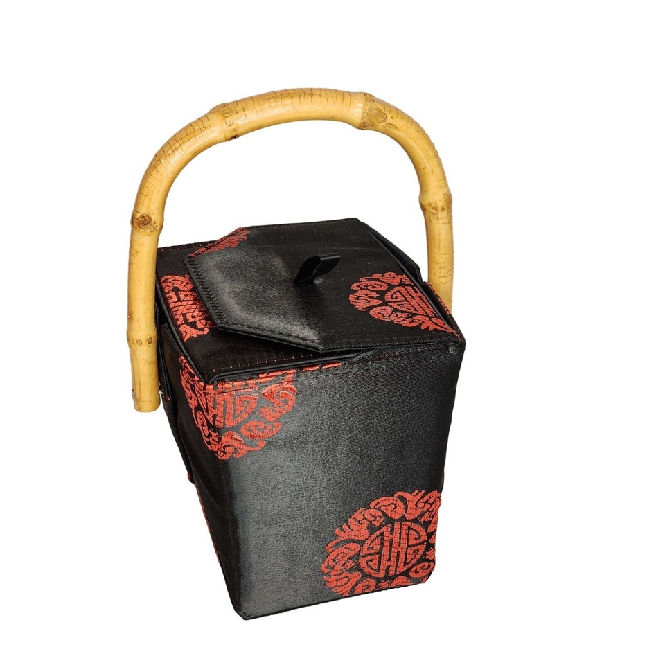 Tozai Chinese Takeout Box Purse Vintage Black & Red Satin Bamboo Top ...