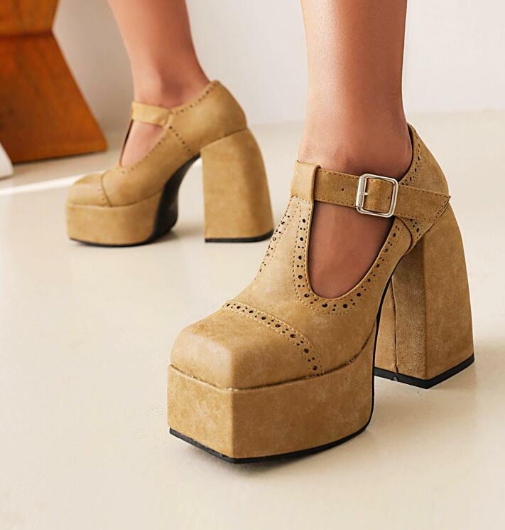 Women Retro Brogue T-Shaped Buckle Block Heels Classic Square Toe ...