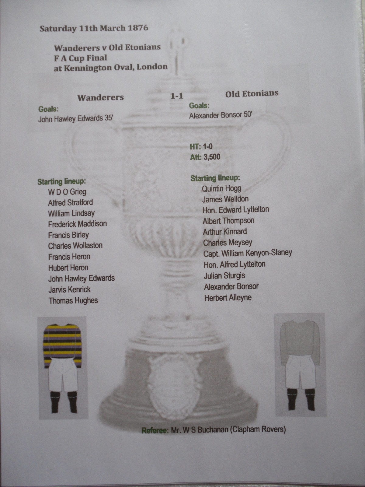 1876 FA Cup Final Wanderers v Old Etonians Matchsheet | eBay UK