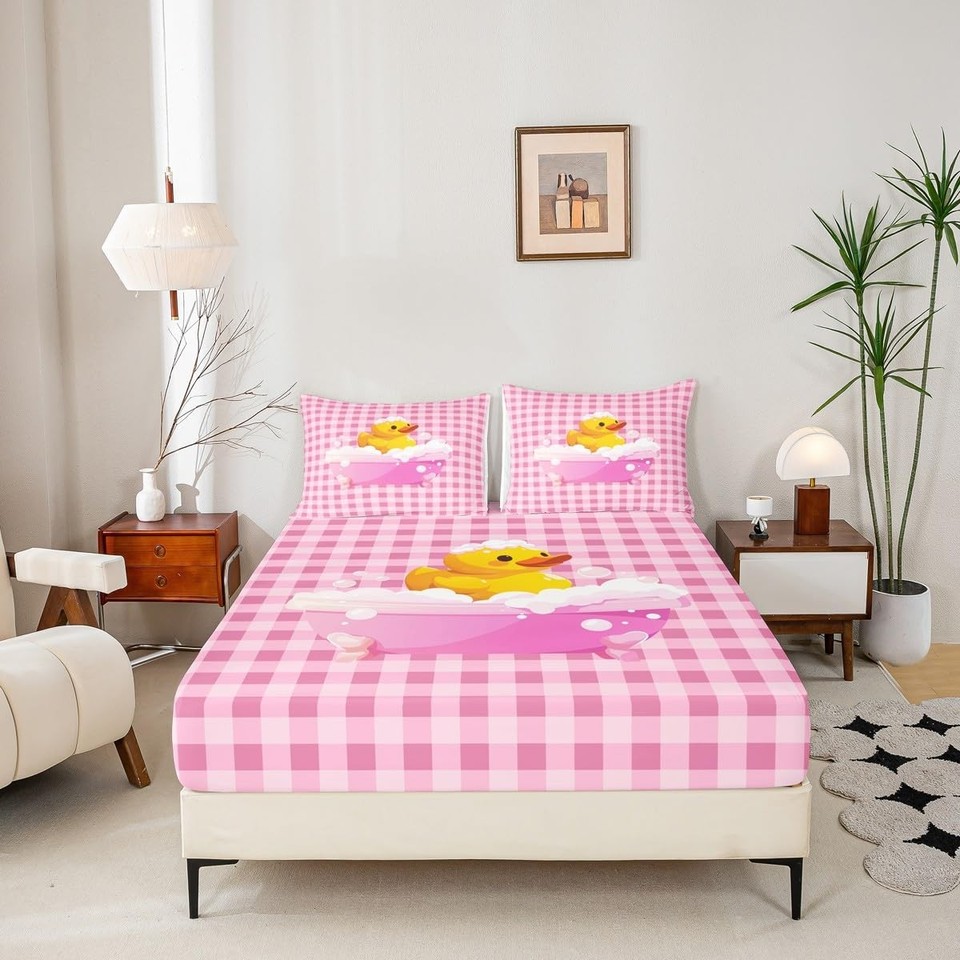Kids Cute Yellow Duck Fitted Sheet Full Size Girls Pink Grid Plaid Bed ...