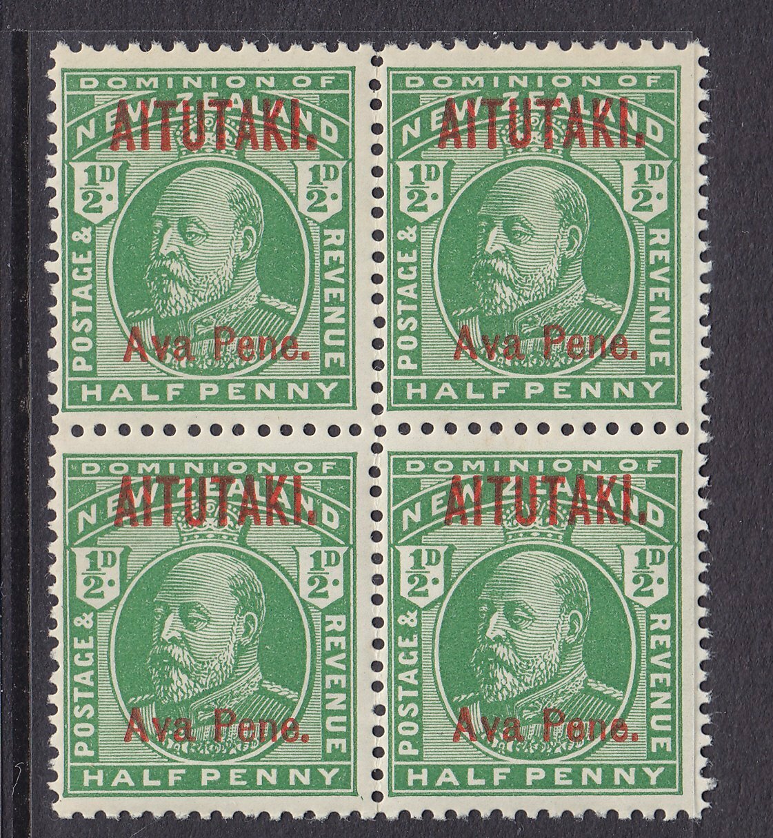 AITUTAKI 1911 KGV SG9 1/2d GREEN "AVA PENE" OVPT BLOCK OF FOUR ...