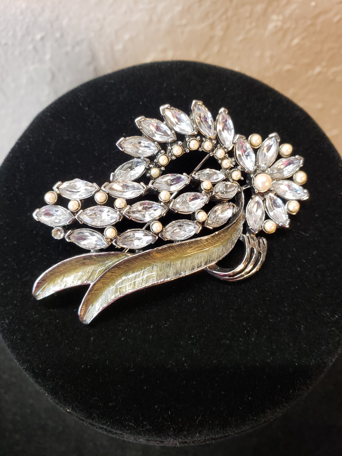 Vintage Monet Crystal Seed Pearl Flower Enamel Ribbon… - Gem