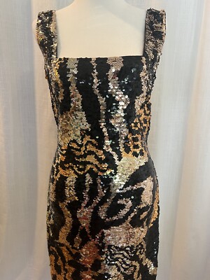 Oleg Cassini Black Tie VTG Leopard Print Sequin Dress Bodycon Open Back ...
