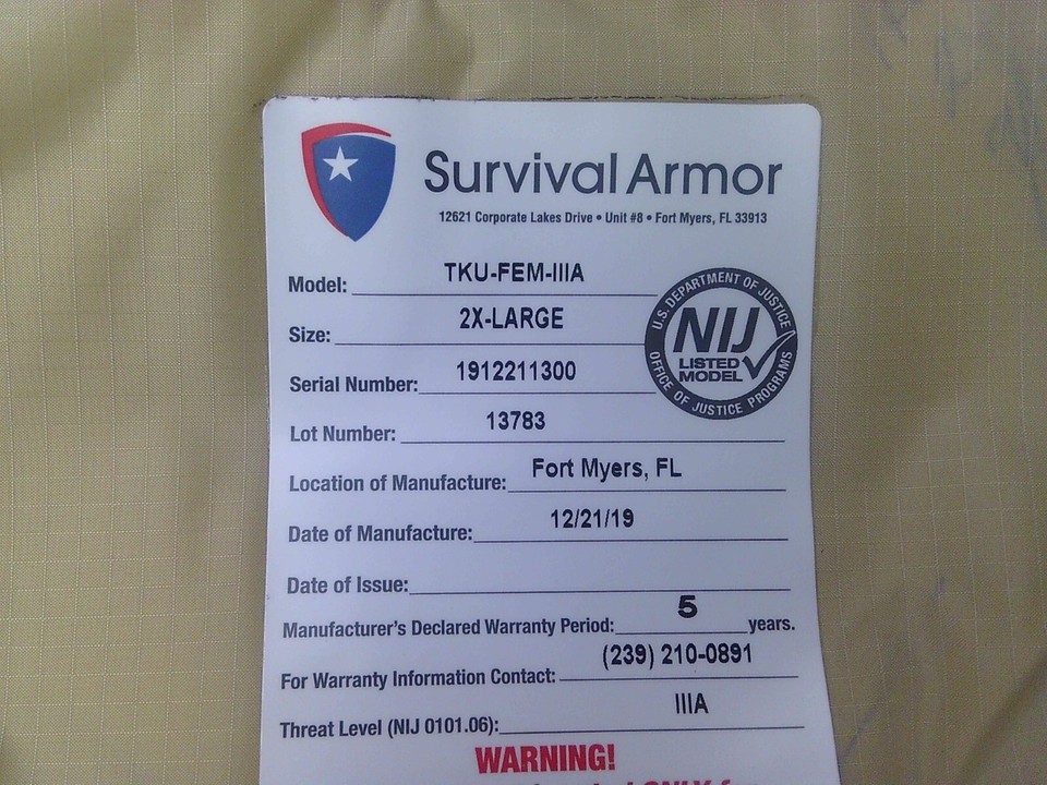 New SURVIVAL ARMOR IIIA Body Armor Bullet Proof Vest Panels 2X LARGE | eBay