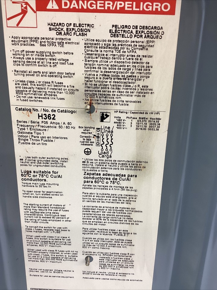 Square D H362 60 Amp 600v 3Ph Fusible Safety Switch Disconnect | eBay