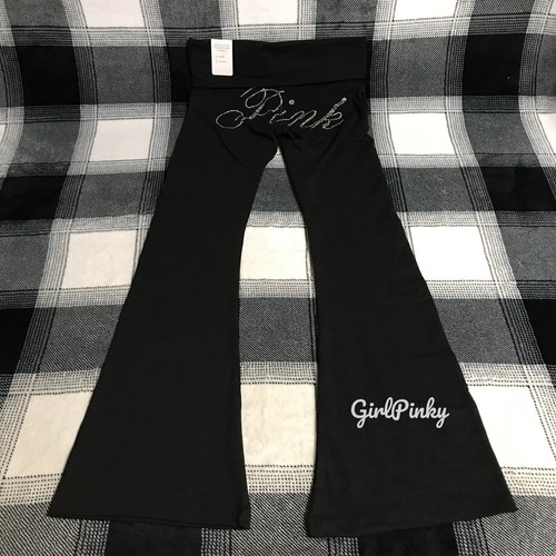 vs PINK flare leggings PURE BLACK SCRIPT BUTT BLING LOGO M-2XL & SHORT ...