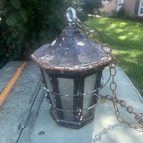 Heavy Antique Cast Iron Hanging Porch Light With Frosted Glass 16” In ...