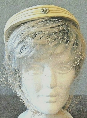1940's Ivory Fascinator Satin Hat Netting Rhinestones… - Gem