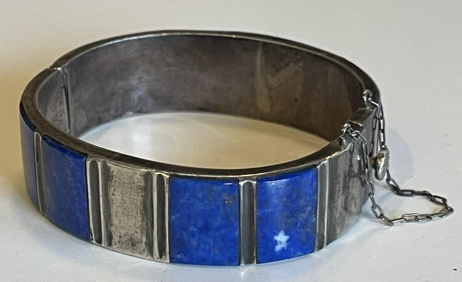 WEIGHTY VINTAGE 950 SILVER LAPIS HINGED CLAMP BANGLE … - Gem